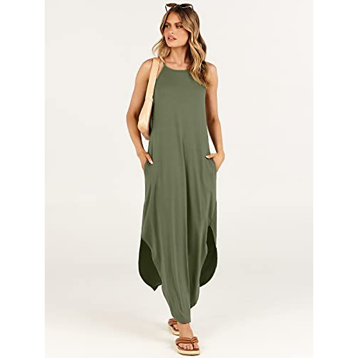 ANRABESS Women's Summer Casual Halter Neck Sundress Sleeveless Split Maxi Long Beach Dress with Pockets 991ganlanlv-M Olive