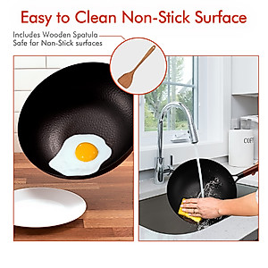 Carbon Steel Wok with Lid and Wooden Spatula, 12.5 Inch Flat Bottom Wok Pan for Gas, Electric, and Induction Stoves, Heat-Resistant Handle and Glass Lid with Stand, Versatile Stir Fry Pan