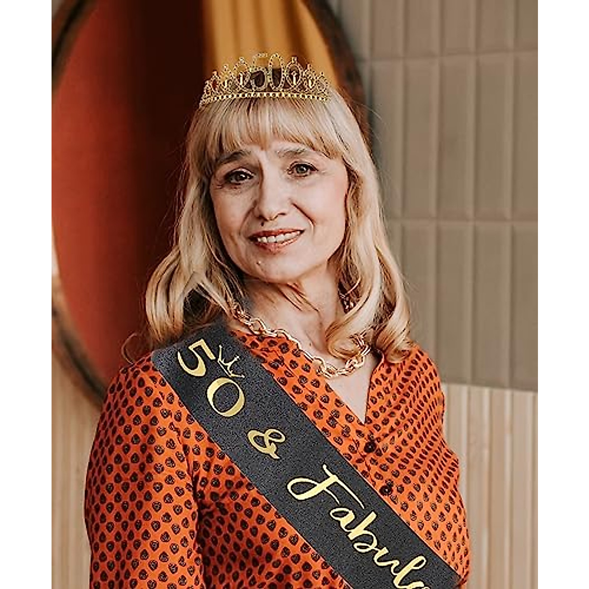 50th Birthday Decorations for Women，Gold 50 Birthday Crown Tiara ，Cake Topper, Birthday Sash with Peal Pin and Birthday Candles Kit,50th Birthday Gifts for Women