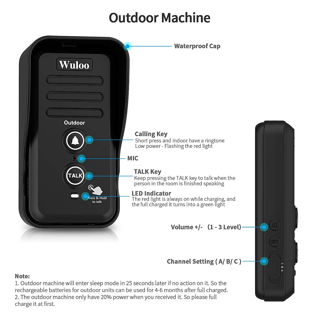 Wuloo Wireless Intercom Doorbells for Home Classroom, Intercomunicador Waterproof Electronic Doorbell Chime with 1/2 Mile Range 3 Volume Levels Rechargeable Battery (Black, 1&2)