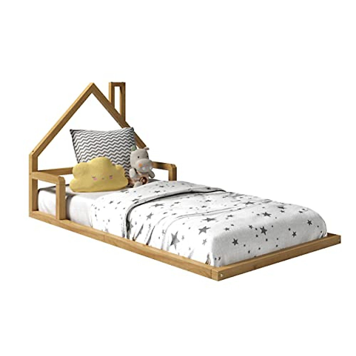 P'Kolino Casita House Twin Floor Bed - Montessori Inspired - Solid FSC Certified Solid Wood Floor Bed - Natural Wood