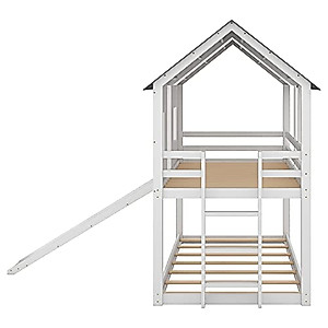 DEYOBED Twin Over Twin House Bunk Bed with Slide and Windows, Wood Low Bunk Beds Frame with Guardrails for Kids Teen, Girls, Boys, White