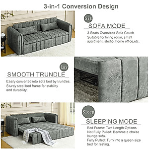 CALABASH 82.3" Queen Pull Out Couch Bed, 3 in 1 Convertible Sleeper Sofa Bed, Velvet 3-Seater Pullout Couch with 2 Storage Drawers for Living Room, Apartment, Small Space (Grey)