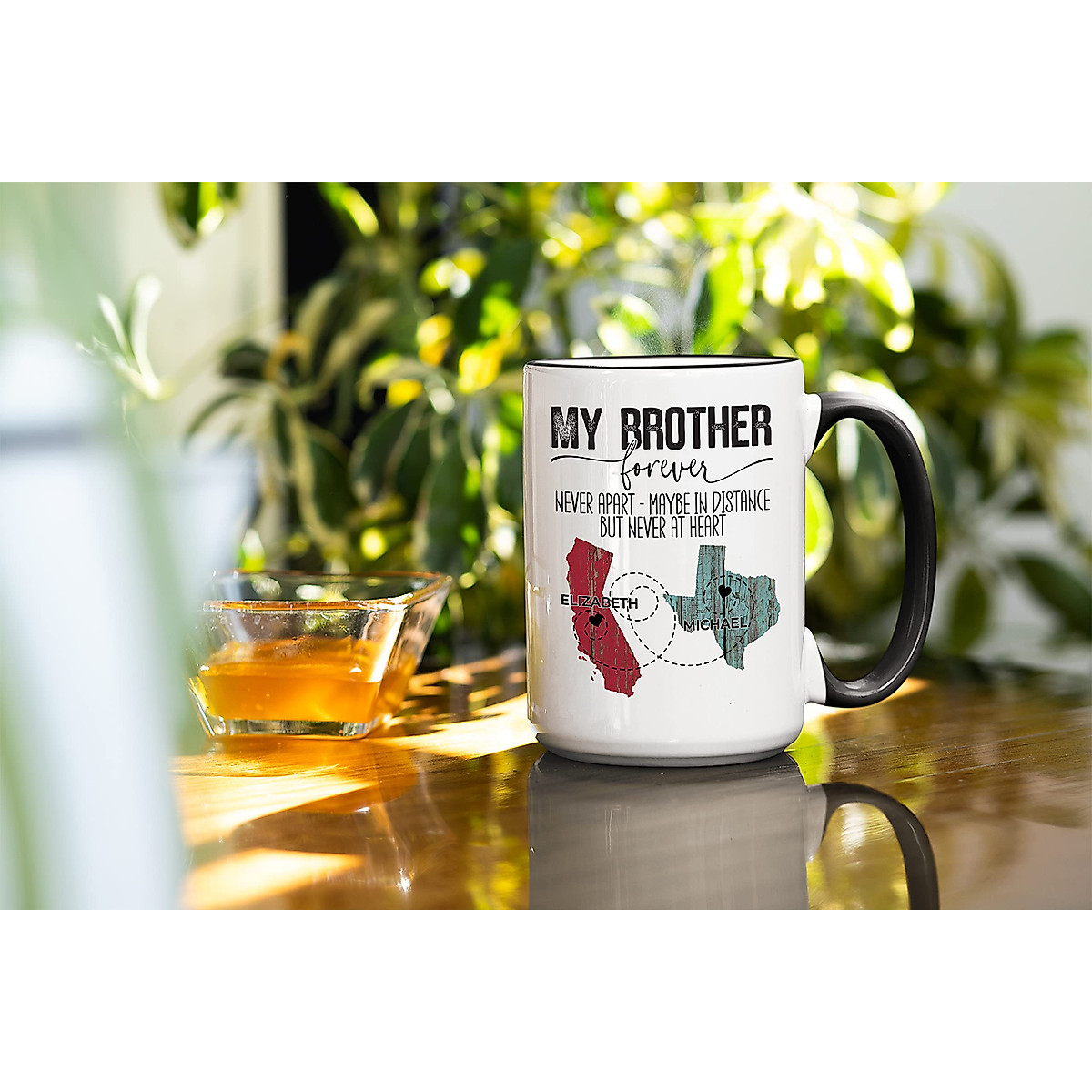 Personalized My Brother Forever Mug from Brother and Sister, Customizable Long Distance Coffee Mug Gifts for Brother, Custom All US States 11oz or 15oz Coffee Cup (15 oz., W/Black Inner & Handle)