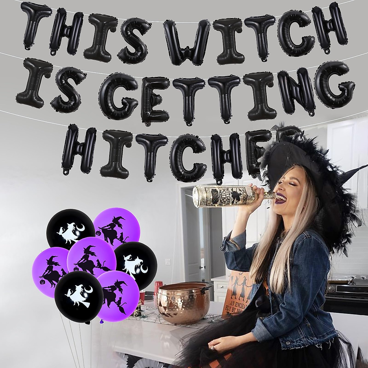 Wonmelody This Witch is Getting Hitched Banner Wizard Bachelorette Party Decorations Halloween Bachelorette Decor with Black Purple Wizard Print Balloons for Halloween Weeding Bridal Shower