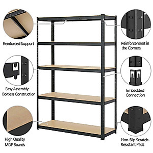 5-Tier Steel Storage Shelves, Heavy Duty Garage Shelf with Adjustable Shelves, Boltless Shelving Unit for Free Combination, Home Office Metal Utility Shelves, 67" H x 30" W x 12" D, Black