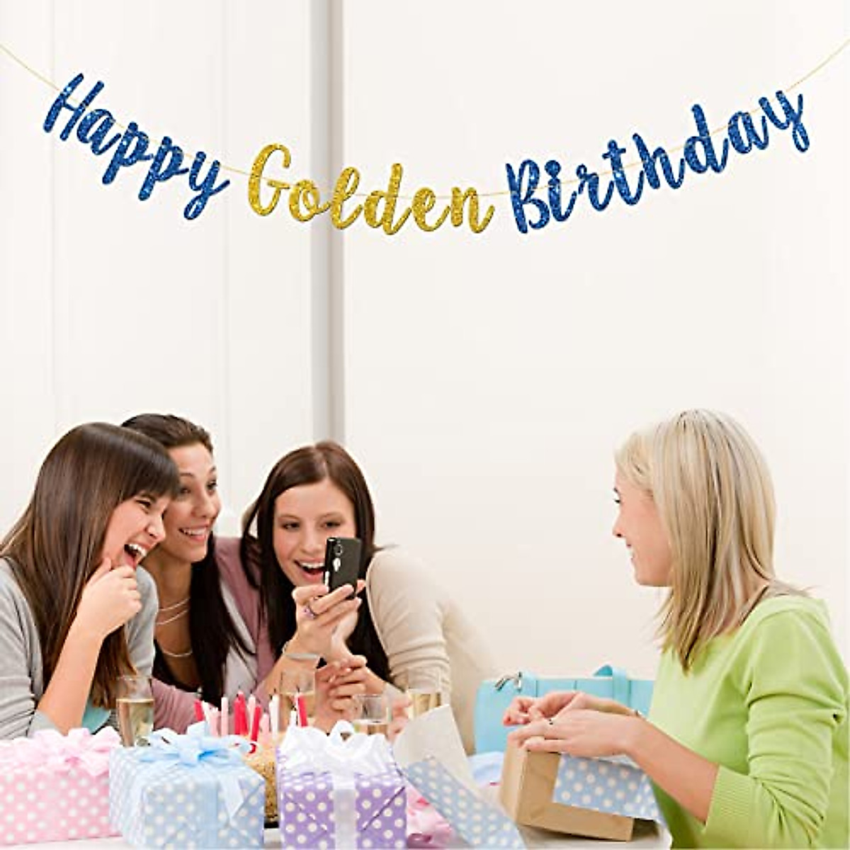 Talorine Happy Golden Birthday Banner, Happy Birthday Party Decor, 21st, 25th, 30th, 40th 50th 60th Birthday Party Decorations (Blue & Gold Glitter)