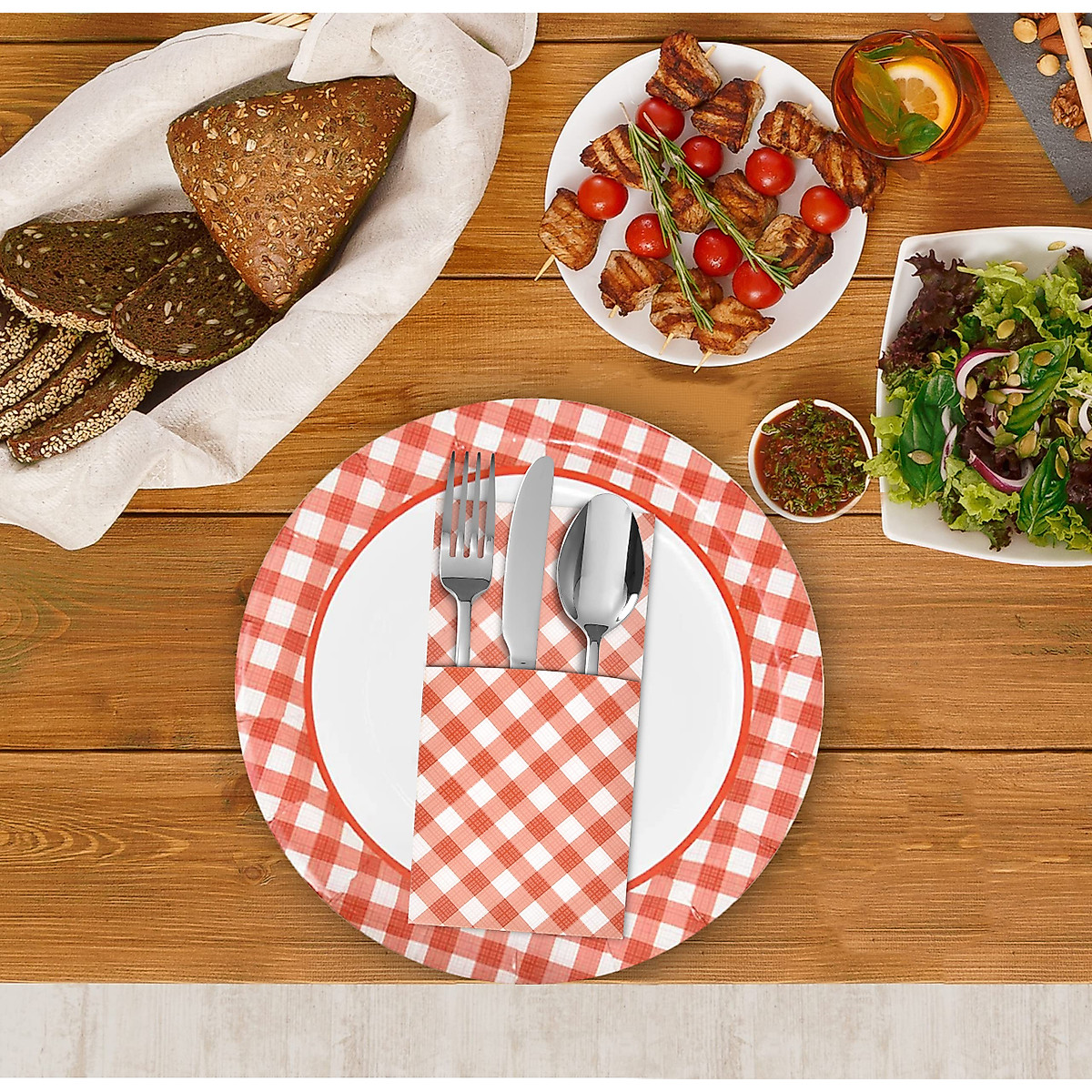 36 Picnic Barbecue Cutlery Holders Red and White Gingham Utensil Silverware Paper Pouch Pockets for Checkered Summer BBQ Table Place Settings Tableware Party Supplies Decorations for Knife Fork Spoon