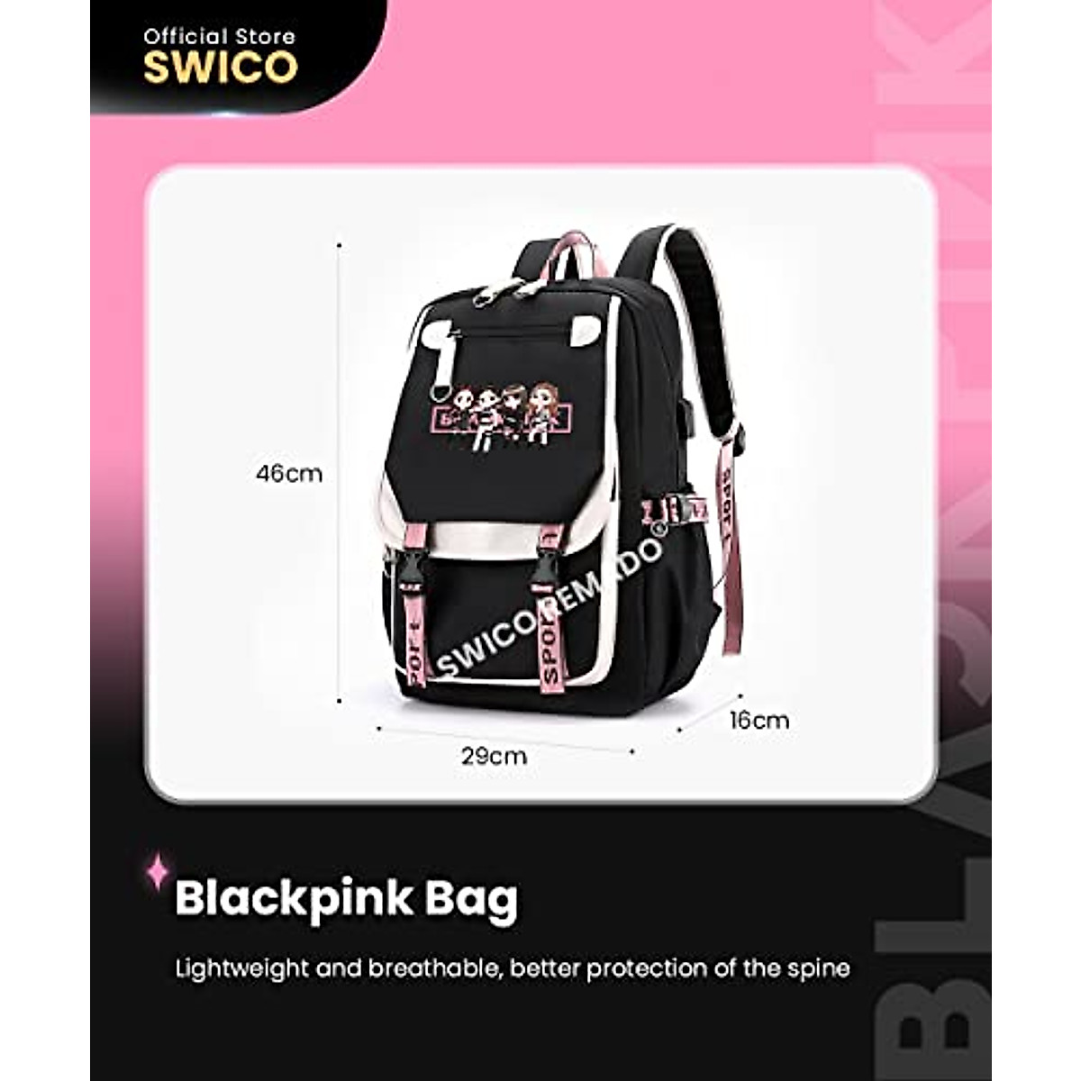 Swico Remado Kpop Backpack Laptop Bag School Bag Bookbag with USB Charging and Headphone Port, Black&Pink (Black Yellow)