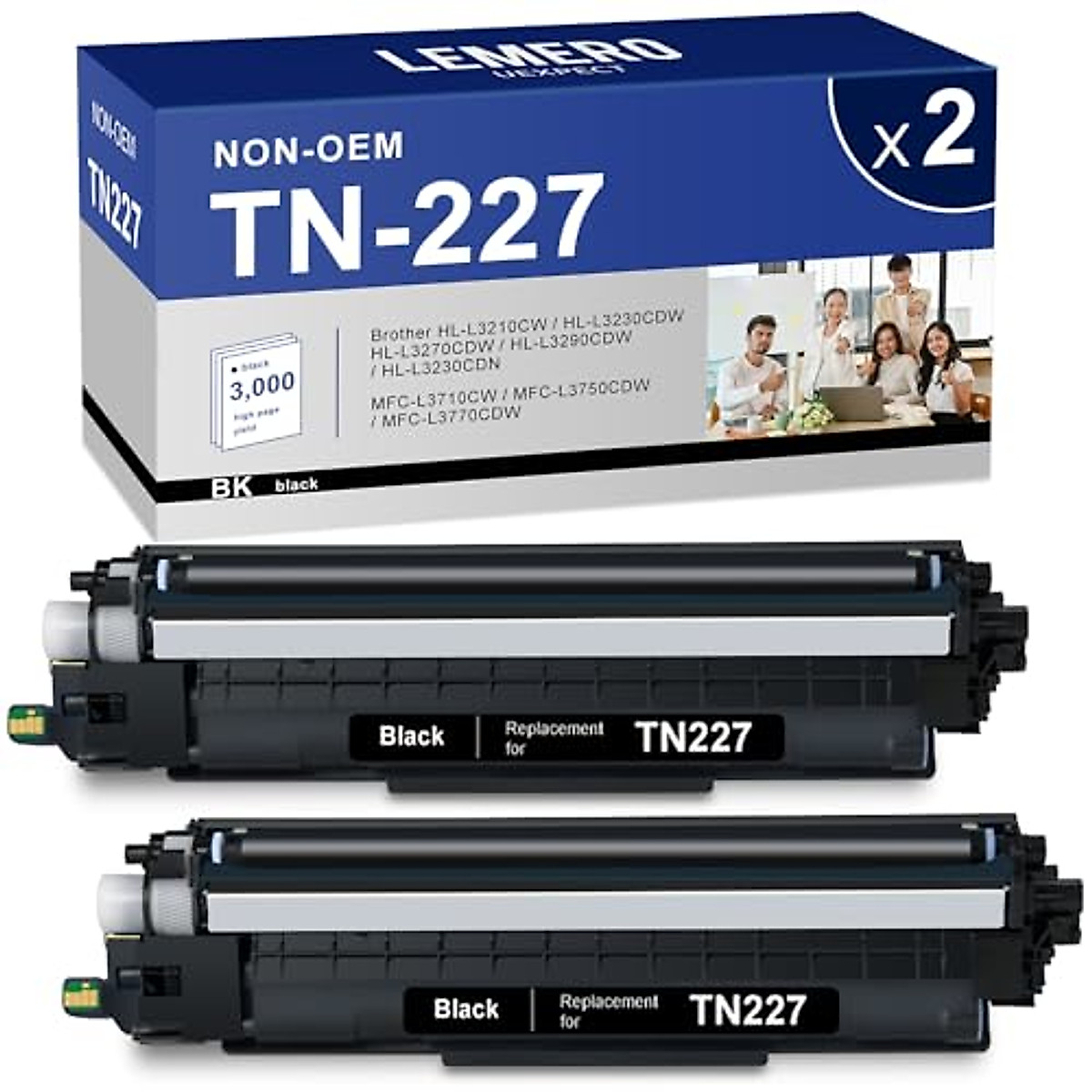 TN227BK TN-227BK High Yield LemeroUexpect Compatible Toner Cartridge Replacement for Brother TN227 TN-227 TN223BK TN223 for MFC-L3770CDW HL-L3270CDW HL-L3290CDW MFC-L3710CW MFC-L3750CDW,2-Black