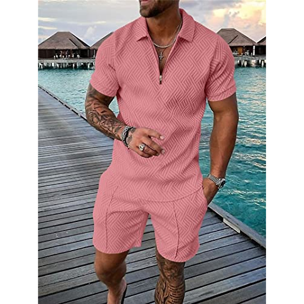 BIRW L Pink Mens Short Sets 2 Piece Outfits Fashion Summer Tracksuits Casual Set Polo Shirt Short Sleeve and Shorts Set