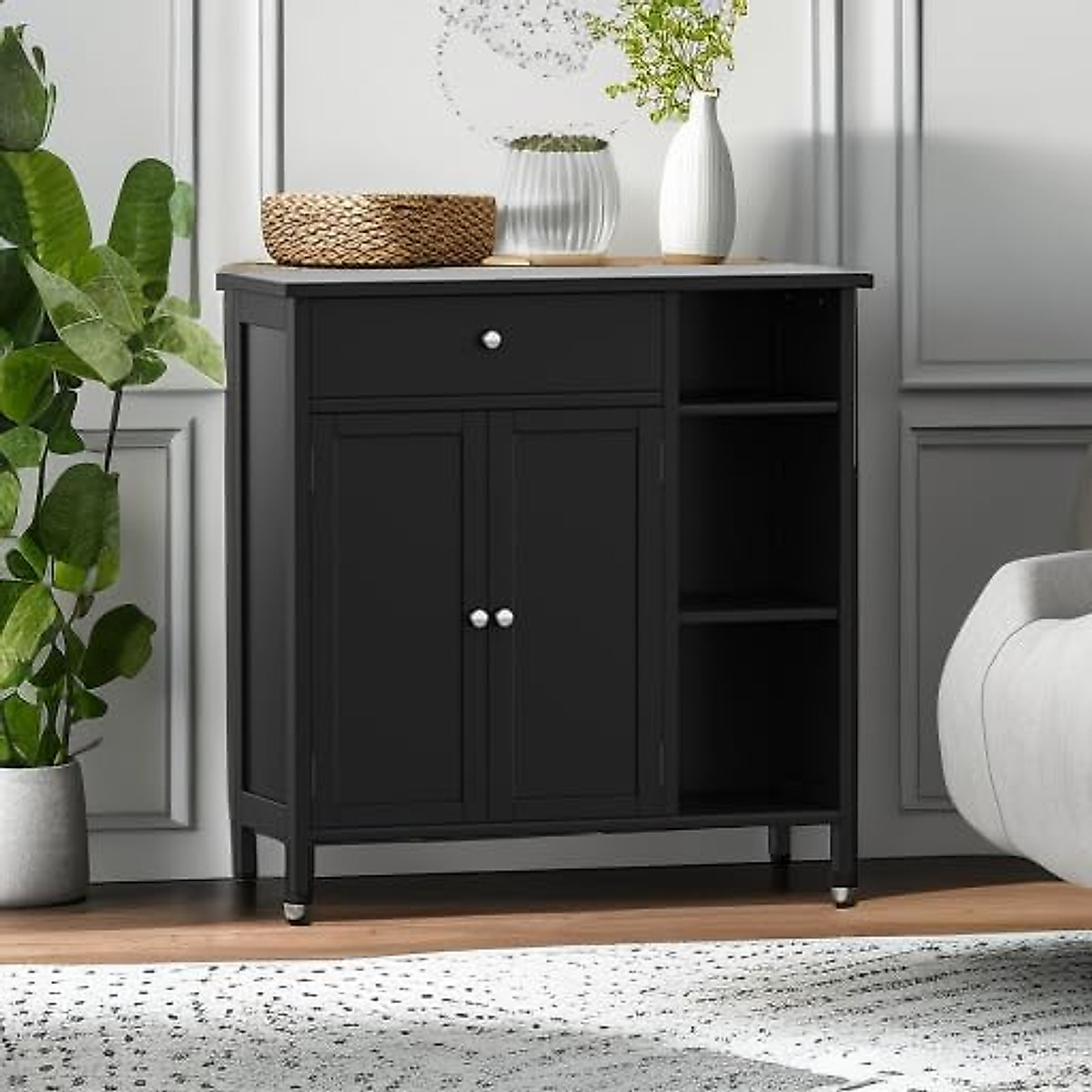 Irontar Bathroom Cabinet with Doors, Bathroom Floor Cabinet with Drawer & Adjustable Shelf, Kitchen Cupboard Storage for Living Room, Entryway, Black