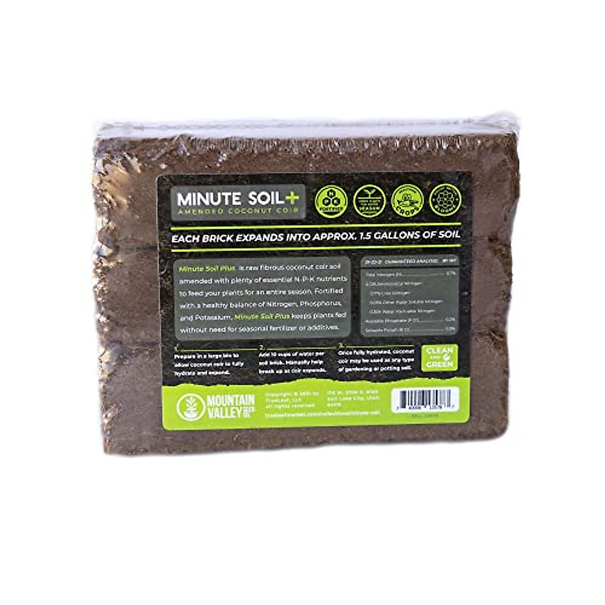 Minute Soil Plus Brick - NPK Amended Compressed Coco Coir Fiber Grow Medium - 3 Bricks = 1.5 Gallons of Potting Soil Each - Gardening, Plants, Flowers, Herbs, Microgreens - Peat Free