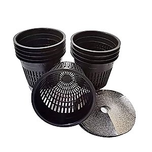 HORTIPOTS 5 Inch Net Pots Raised Center Bottom Mesh Side Wide Rim Round Cup with Free Reflective Top Lids for Hydroponics Systems (Pack of 10, Black)