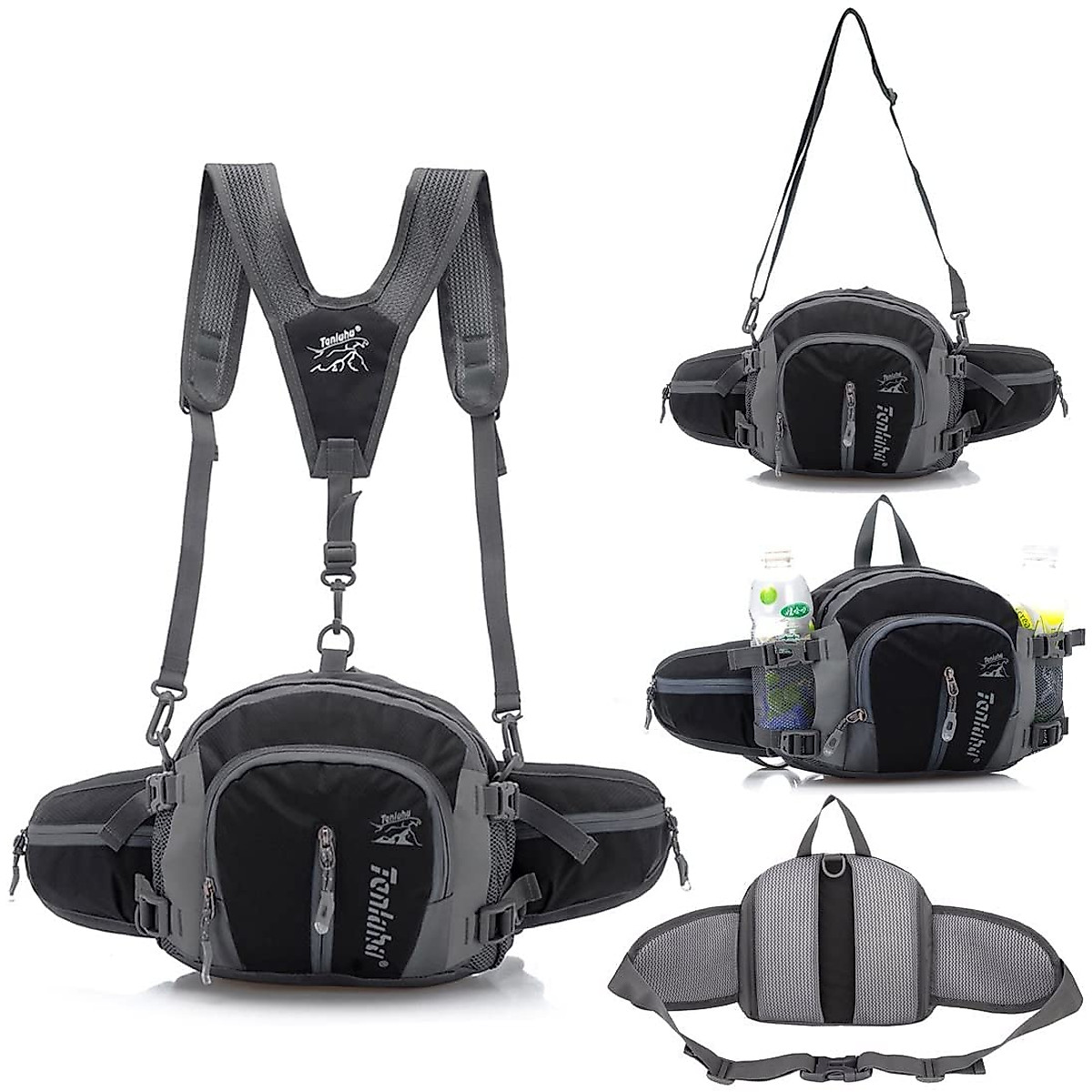 Multifunctional Water Resistant Waist Pack Backpack Daypack with Water Bottle Pockets for Running/Hiking/Cycling/Traveling (Black)