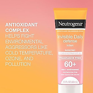 Neutrogena Invisible Daily Defense Fragrance-Free Sunscreen Lotion, Broad Spectrum SPF 60+, Oxybenzone-Free & Water-Resistant, Sun & Environmental Aggressor Protection, 3.0 fl. oz