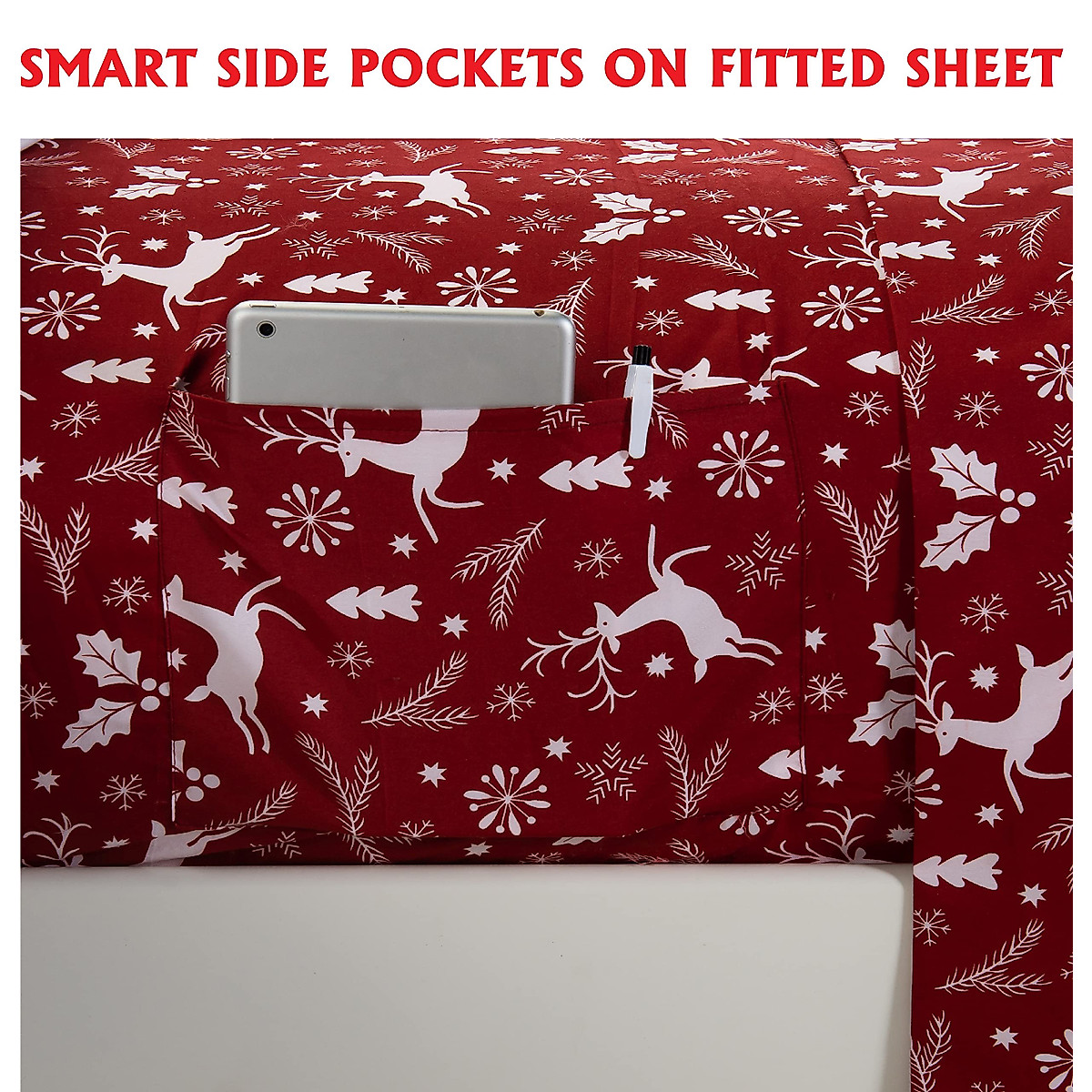 Elegant Comfort Luxury Soft Bed Sheets Holiday Pattern 1500 Premium Hotel Quality Microfiber - Softness Wrinkle and Fade Resistant (6-Piece) Bedding Set, Queen, Burgundy Reindeer