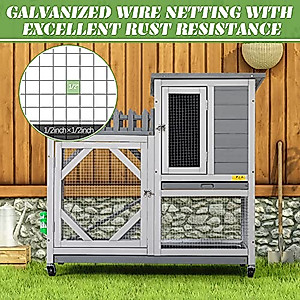 COZIWOW Rabbit Hutch with Balcony,Large Rabbit Cage Bunny Cage on Wheels,Guinea Pig Coop for Indoor Outdoor, Ramp, Pull-Out Tray, Water Bottle, Gray