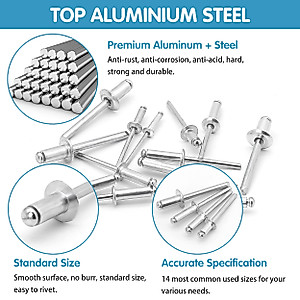 SATANTECH 500pcs Pop Rivets Assortment Kit,14 SAE Sizes Aluminum Rivets (3/32" 1/8" 5/32" 3/16" 1/4"), Assorted Blind Rivets with Reinfored Divider & Labeled Case