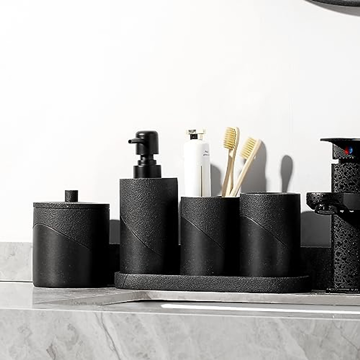 Bathroom Accessories Set, 5PCS Modern Bathroom Accessory Set with Tray, Mouthwash Cup & Toothpaste Holder & Qtip Holder, Soap Dispenser (Black)