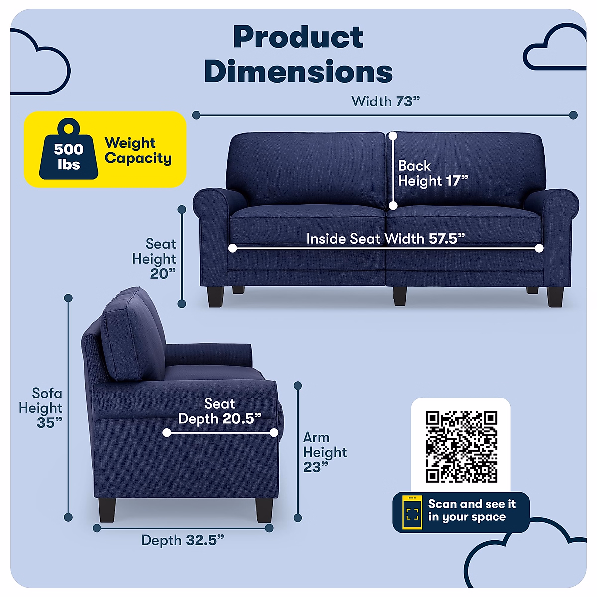 Serta Copenhagen 73" Rolled Arm Sofa, Easy Care Polyester, Soft Pillow Back, Pocket Coil Seat Cushions, Removable Covers, Loveseat or Couch for Small Spaces, Living Rooms or Bedrooms, Navy Blue