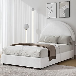REVOMINCA Twin Size Bed Frame, Upholstered Boucle Bed Frame with Headboard, Modern Twin Beds, Soft Arch Shaped Round Headboard, No Box Spring Required, Easy Assembly, White