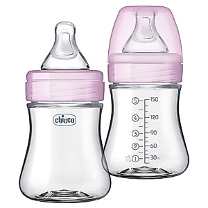 Chicco Duo 5oz. Hybrid Baby Bottle with Invinci-Glass Inside and Plastic Outside | Dishwasher, Bottle Warmer, and Electric Sterilizer Safe | Intui-Latch Nipple | Clear/Grey, 2pk