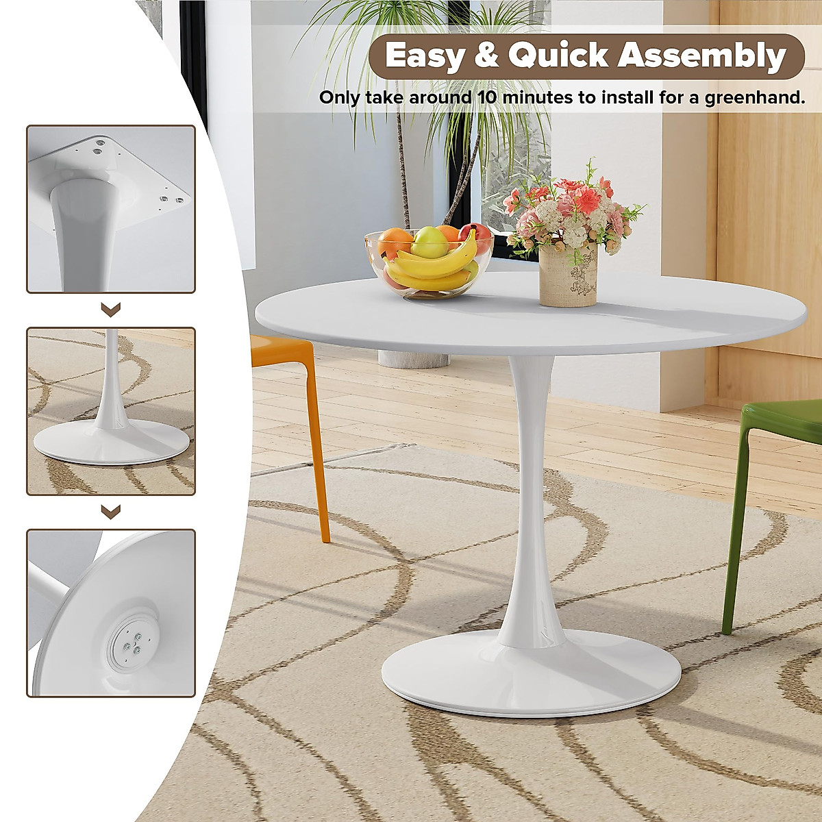 Ufurpie 42" Round Dining Table,Mid-Century White Tulip Table,Metal Base Pedestal Table for 4-6 Person,Easy Assembled End Table Leisure Coffee Table