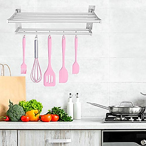 lesiega Towel Rack for Bathroom and Lavatory Double Towel Bar Holder with Hooks Wall Mounted Multifunctional Foldable 2-Tier Shelf Ideal for Kitchen Lavatory Bathroom, 15.7in