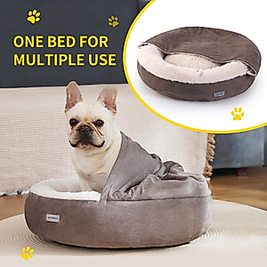 FANTSYPET Dog Bed & Cat Beds, Warming Soft Dog Beds with Blanket Attached, Dog Bed for Small and Medium Dogs, Cozy Donut Dog Bed Plush Hooded Calming Cuddler, Calming Cave Dog Bed, Camel, (23 x 23 in)