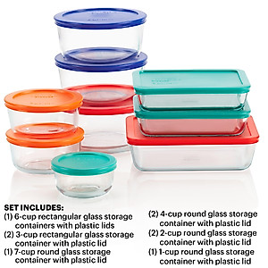 Pyrex Simply Store 18-Pc Glass Food Storage Containers Set, Round & Rectangle Glass Storage Containers with Lid, BPA-Free Lids, Non-Pourous Glass, Dishwasher, Microwave, Fridge and Freezer Safe