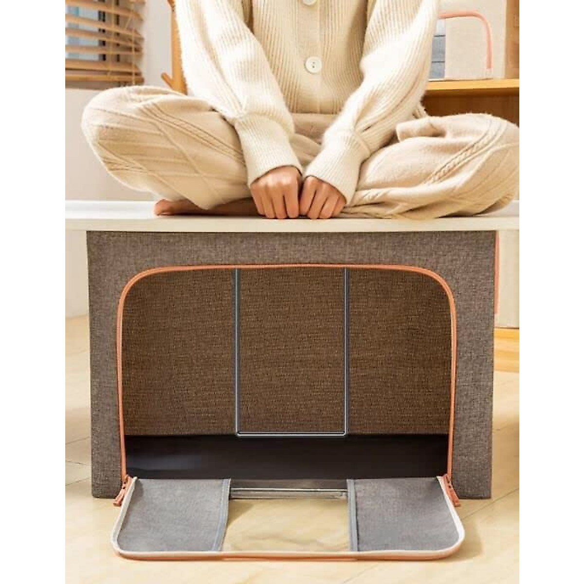 Clothes Storage Organizer with Metal Frame (Set of 2), Extra Large 66L | Foldable Storage Bin Boxes with Clear Window | Stackable, Moisture Proof, Dust Proof | Strong Carry Handles for Clothing, Bedding, Blanket, Closet | Clothes Storage (Grey)