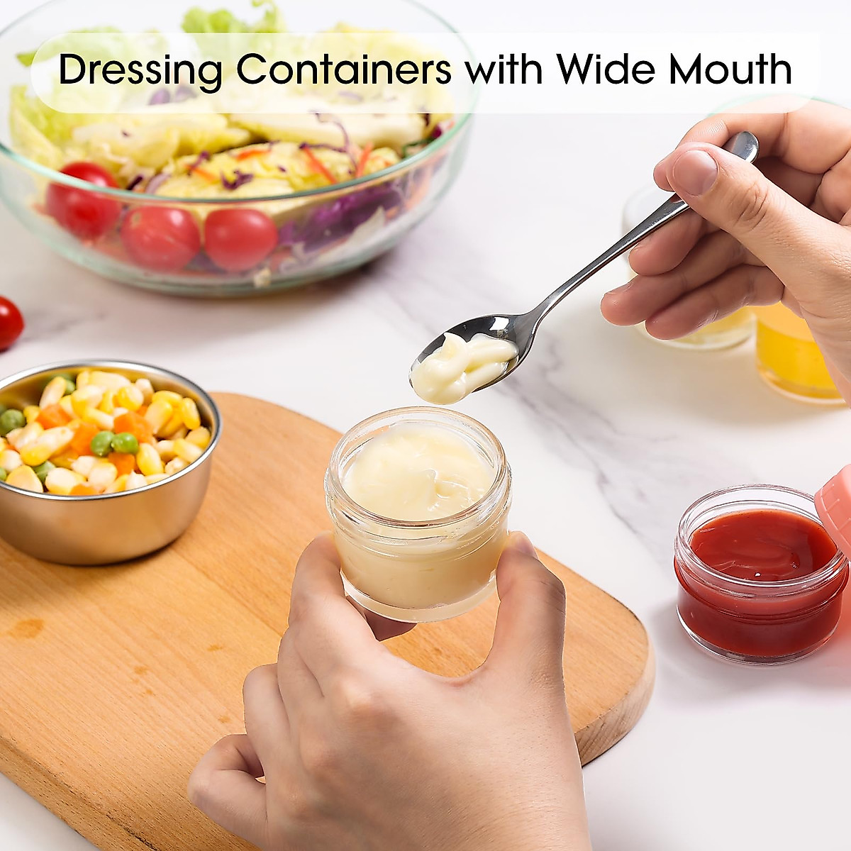 KITCHOP 6 Pack Salad Dressing Container To Go, 1.7oz Small Glass Dressing Containers with Lids, Condiment Containers for Lunch Box, Dipping Sauce Cups Set for Food, Salad Jars with Lids Meal Prep