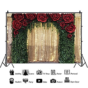 OERJU Wedding Backdrop for Reception Wedding Floral Wall Backdrop Red Rose Flowers Gold Curtain Photo Background Bridal Shower Marriage Anniversary Engagement Party Decor Photo Studio Props 5x3ft