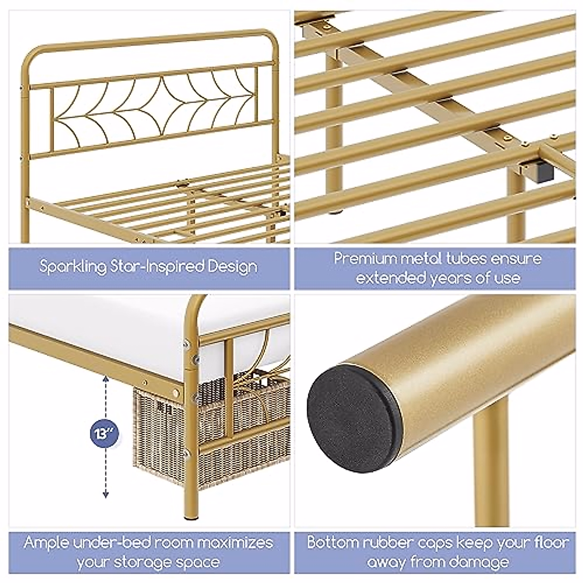 Yaheetech Full Size Bed Frame Metal Platform Bed with Sparkling Star-Inspired Design Headboard, 13 Inch Underbed Storage, No Box Spring Needed, Easy Assembly, Modern, Antique Gold