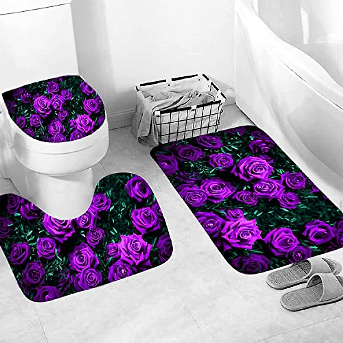 MrLYouth Many Purple Rose Shower Curtain Sets with Rugs 4Pcs Waterproof Polyester Durable Bathroom Non-slip Bath Mat and Toilet Lid Cover Botanical Floral 12 Hooks 71x71inch