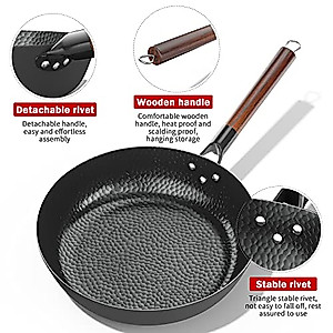 Iron Wok and Stir Fry Pans,11 inch Carbon Steel Pan Pure Hand Hammered Woks Uncoated Non-Stick Cast Iron Wok Chinese Wok Cookware Pan Kitchen Tools for Gas and Induction Cooker