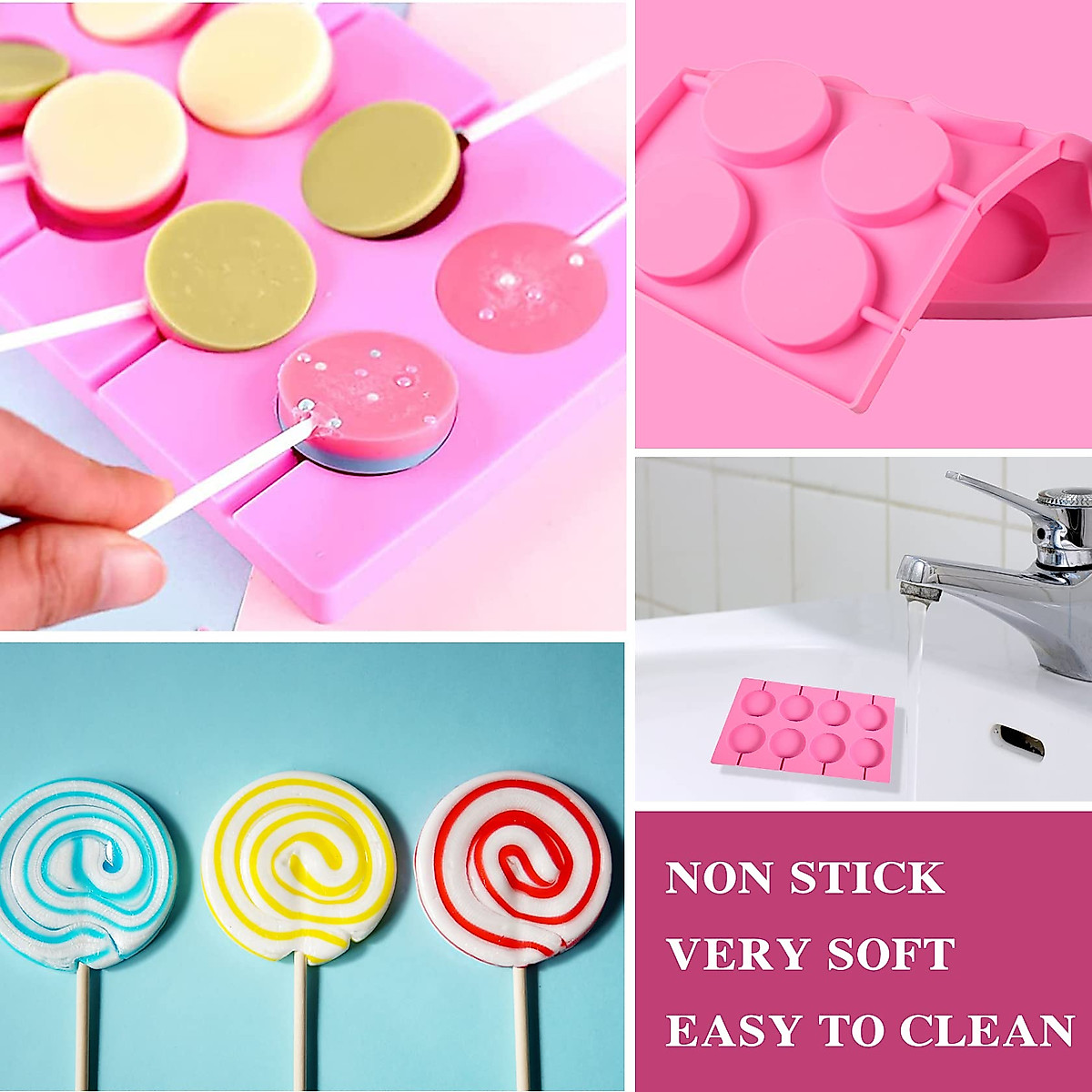 Fusang 2Pcs 8 Capacity Silicone Lollipop Molds,Hard Candy Chocolate Sucker Mold with 20pcs 3.15 inch Lollypop Sucker Sticks,100pcs Candy Treat Bags,100pcs Gold Ties