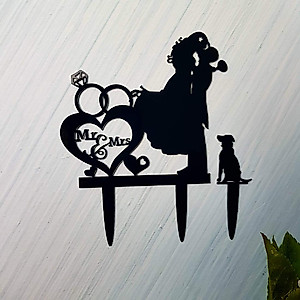 Wedding Couple Kiss, Mr&Mrs Heart Diamond Ring Cake Topper, Bride and Groom with Dog Silhouette Cake Topper (Black)