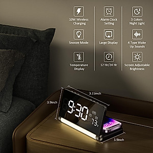 3 in 1 Alarm Clock, Digital Alarm Clock with Wireless Charging, 3 Colors Night Light, Large Display, Foldable Alarm Clocks for Bedrooms, Cool Stuff Alarm Clock