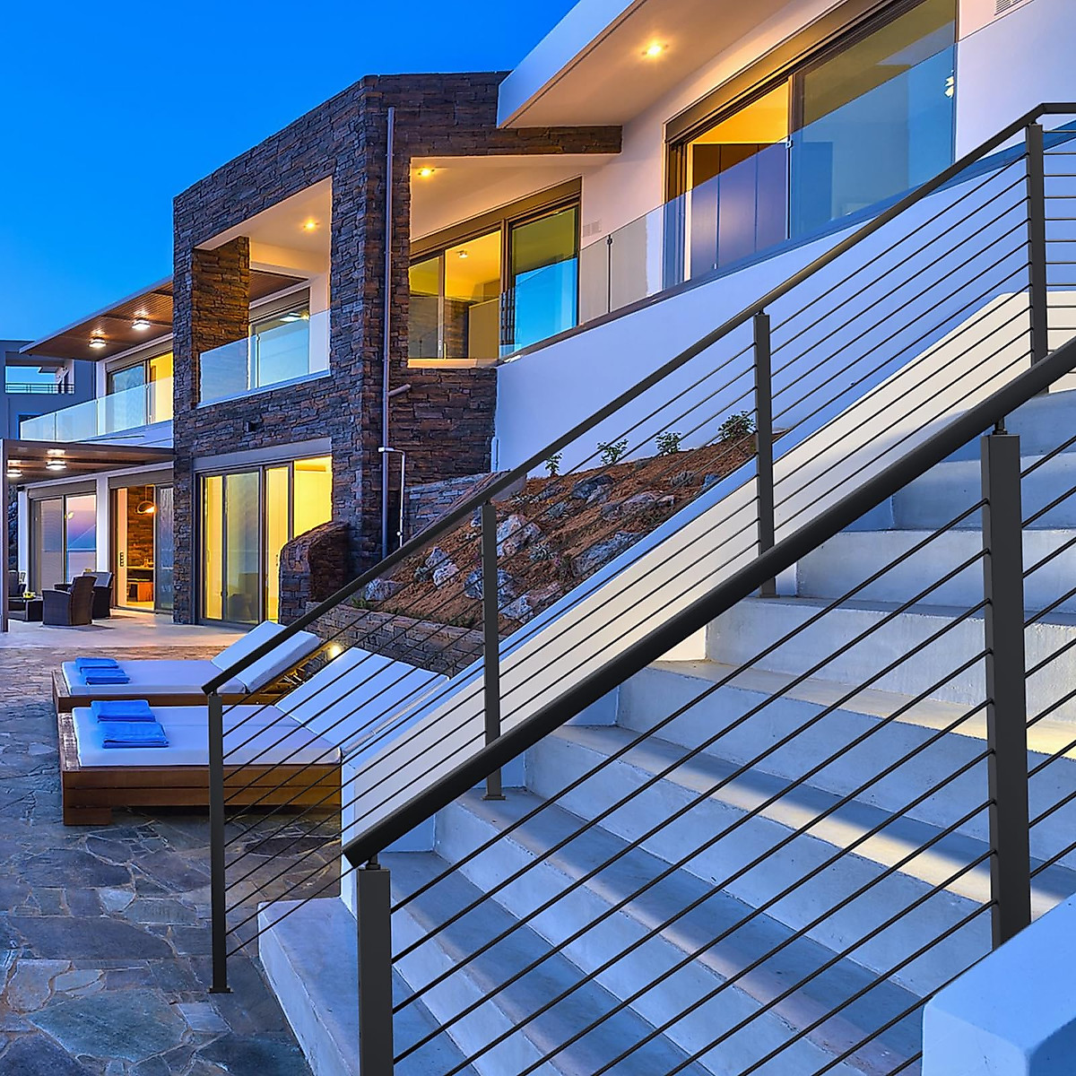 VEVOR Cable Support Post, 42" Height, 2" Width, Steel with 30° Angled Holes for Stairs, 12 Holes Pre-Drilled, Made of SUS304 Stainless Steel, Includes Horizontal/Curved Bracket, Single Unit, Black