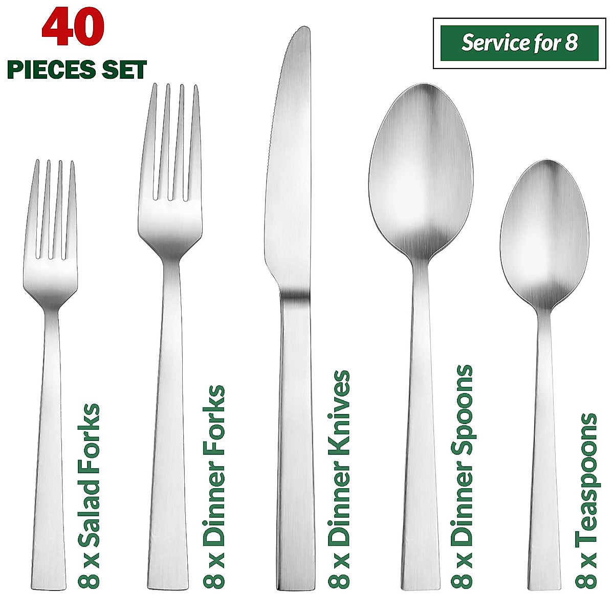 40-Piece Matte Silverware Set, E-far Stainless Steel Flatware Set Service for 8, Metal Cutlery Eating Utensils Tableware Includes Forks/Spoons/Knives, Square Edge