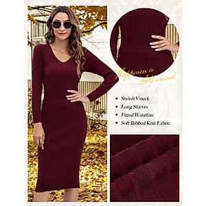 Blooming Jelly Womens Midi Sweater Dress Long Sleeve V Neck Bodycon Fall Dresses 2023 Casual Knee Length Knit Ladies Elegant Winter Dress (Large, Burgundy)