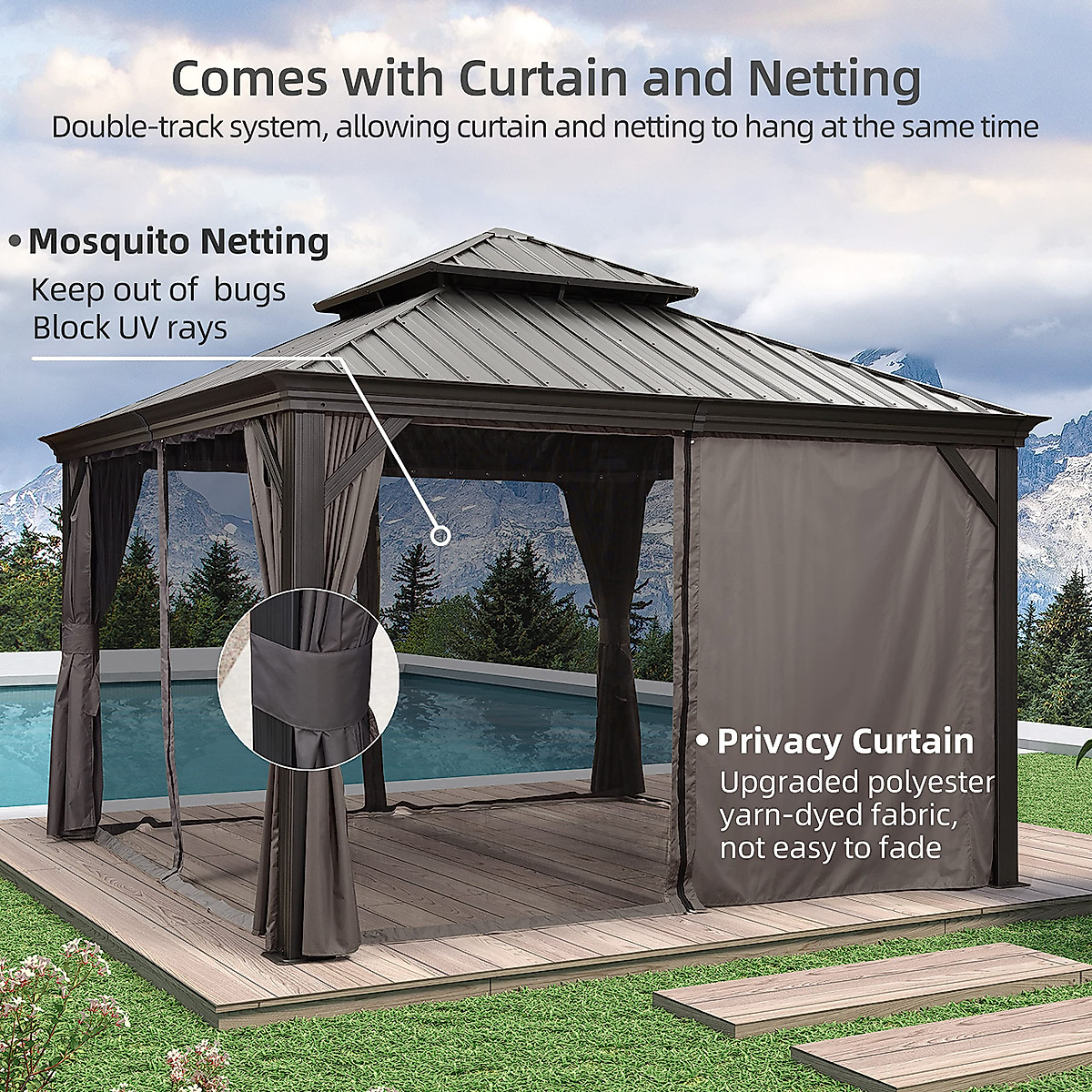 PURPLE LEAF 12' X 12' Permanent Hardtop Gazebo Aluminum Gazebo with Galvanized Steel Double Roof for Patio Lawn and Garden, Curtains and Netting Included, Grey