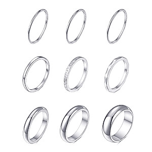 Tornito 9Pcs Stackable Eternity Ring Stainless Steel Band Knuckle Engagement Wedding Ring Size 7 for Women Silver Tone
