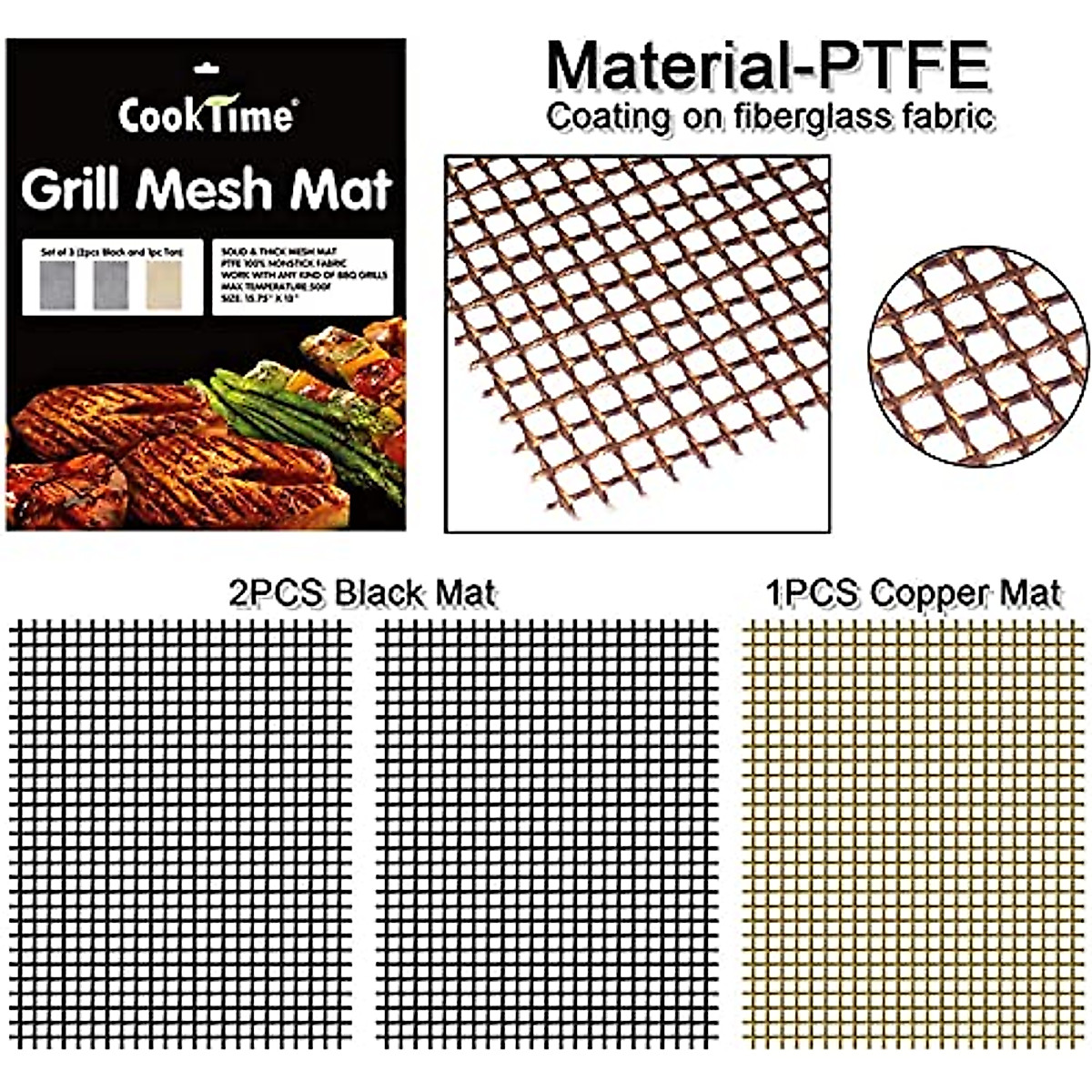 BBQ Grill Mesh Mat Set of 3 - Non Stick Barbecue Grill Sheet Liners Teflon Grilling Mats Nonstick Fish Vegetable Smoking Accessories - Works on Smoker,Pellet,Gas,Charcoal Grill,15.75x13inches