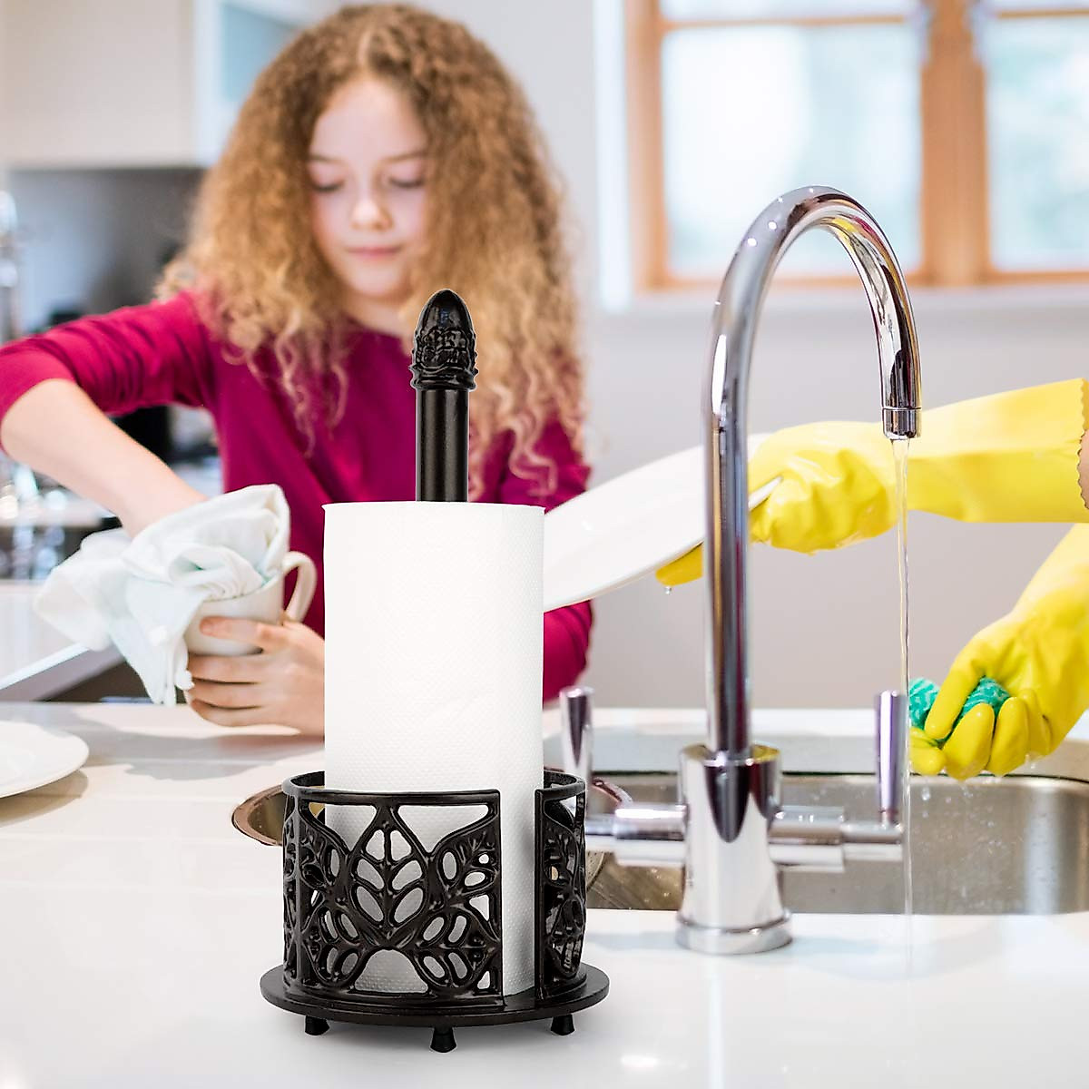 MEIGUI Cast Iron Paper Towel Holder Stand Roll Dispenser Stand for Kitchen Countertop & Dining Room Table, Coffe Gold