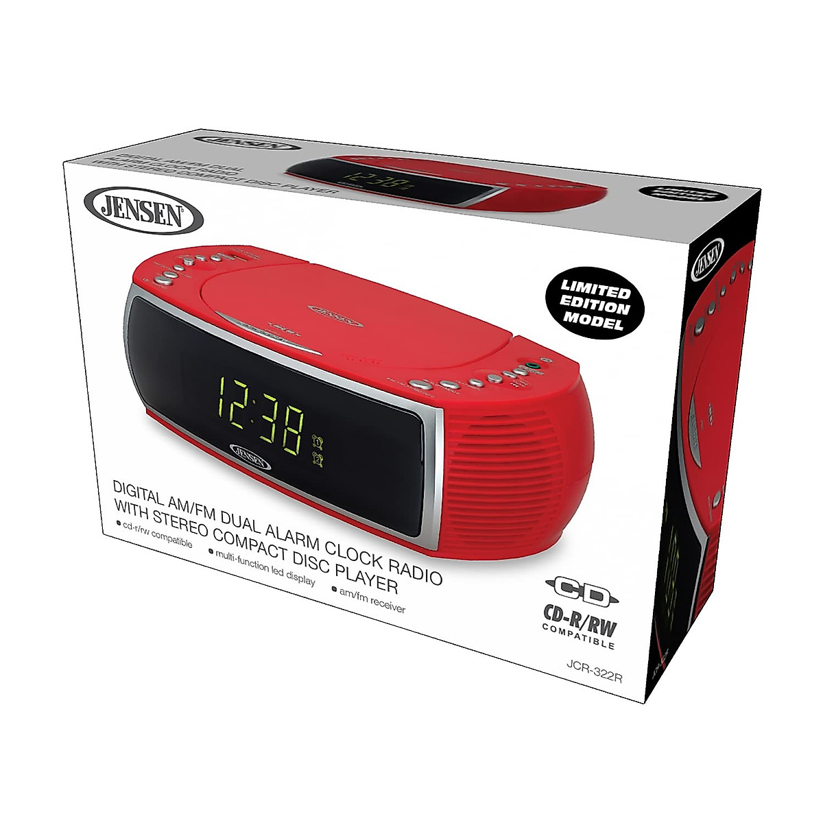 Jensen Red Modern Home CD Tabletop Stereo Clock Digital AM/FM Radio CD Player Dual Alarm Clock CD Top-Loading Player | USB Charging Port DV 5V 800mA | Headphone Jack | 0.9 Display Green LED