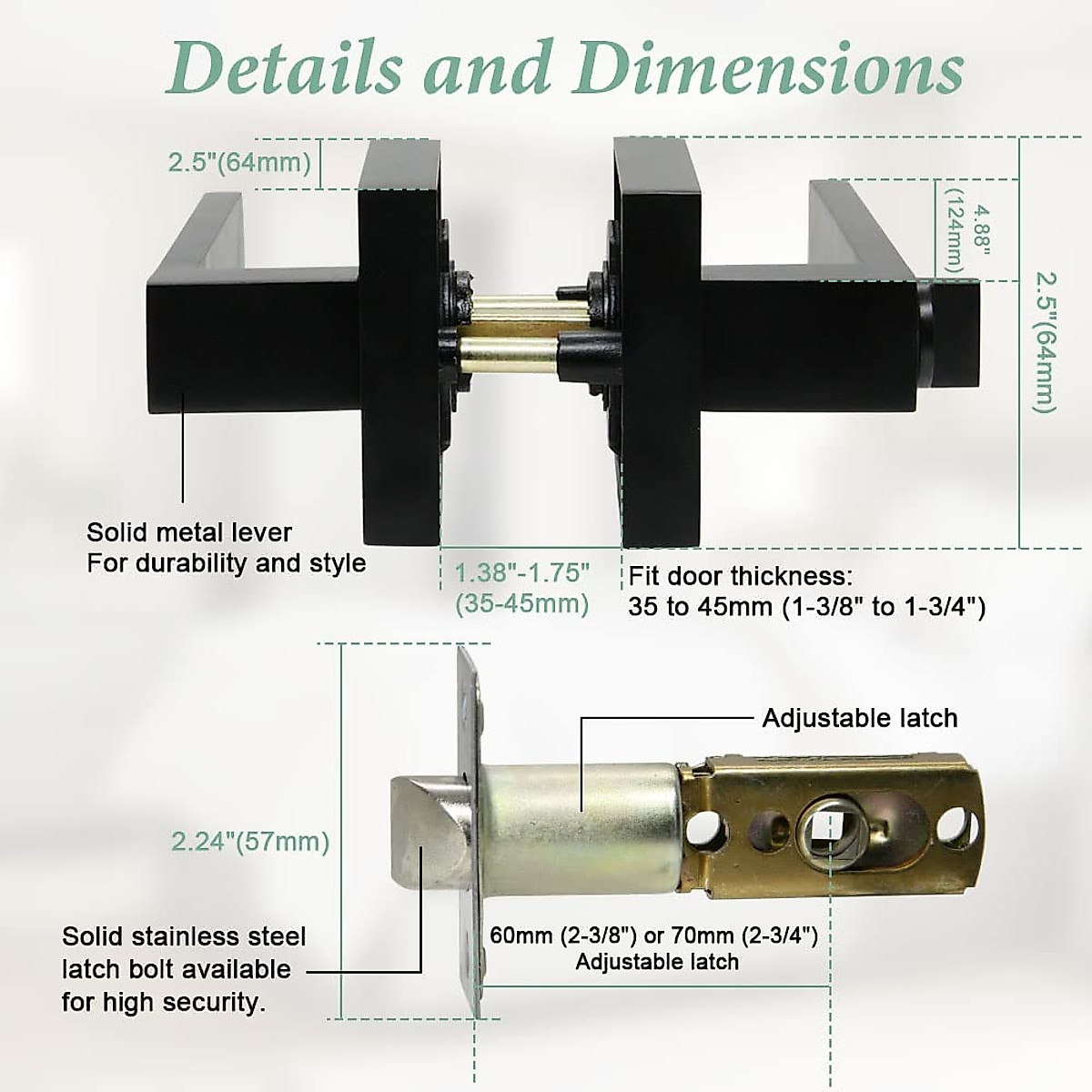Bedroom/Bathroom Door Handles Levers Square Plate Interior Privacy Door Locksets,Matte Black (10 Pack)