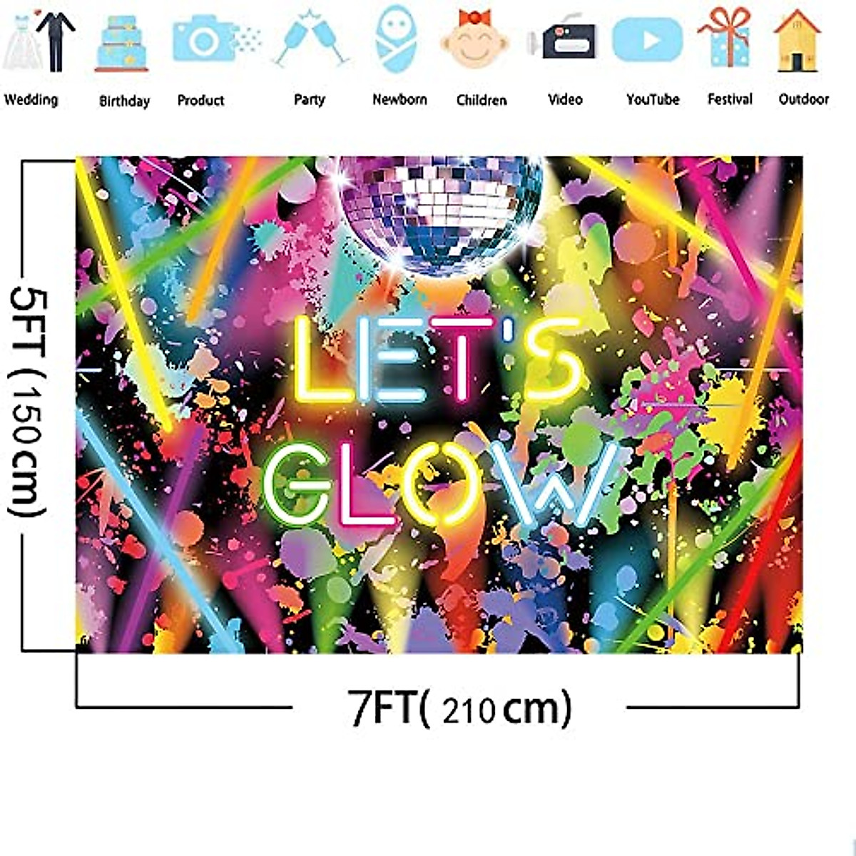 AIBIIN 7x5ft Neon Glow Birthday Party Backdrop Glow in The Dark Photo Background Colorful Graffiti Splatter Let's Glow Crazy Party Decorations Supplies Backdrop Banner Photo Booth Studio Props
